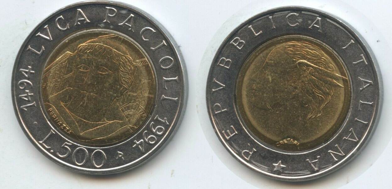 Italien Republik 500 Lire 1994 G1952 - Luca Pacioli Mathematical Work Italy Fast unzirkuiert ...