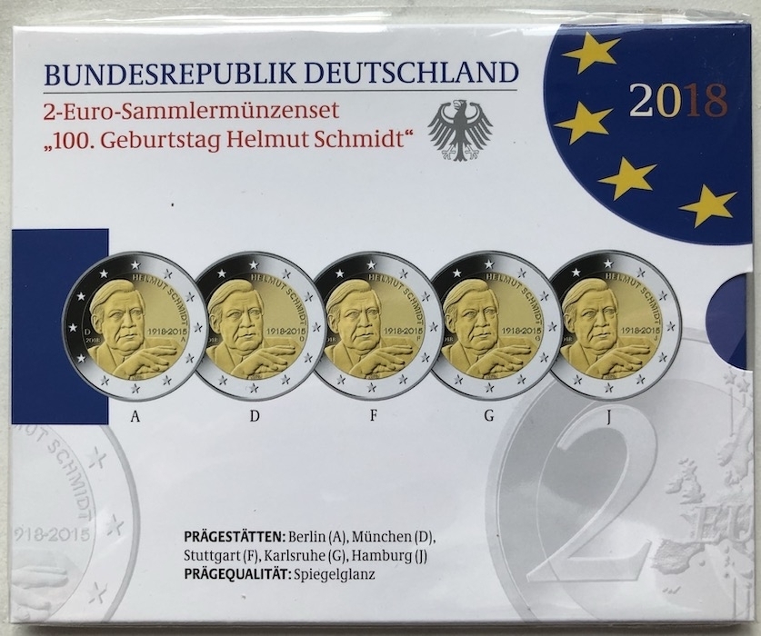 BRD Euro-Währung BRD 5 x 2 EURO 2018 PP - ADGFJ - Helmut Schmidt - OVP ...