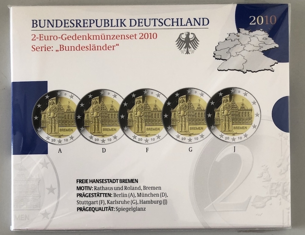 BRD Euro-Währung BRD 5 x 2 EURO 2010 PP - ADGFJ - Bremen Roland - OVP ...