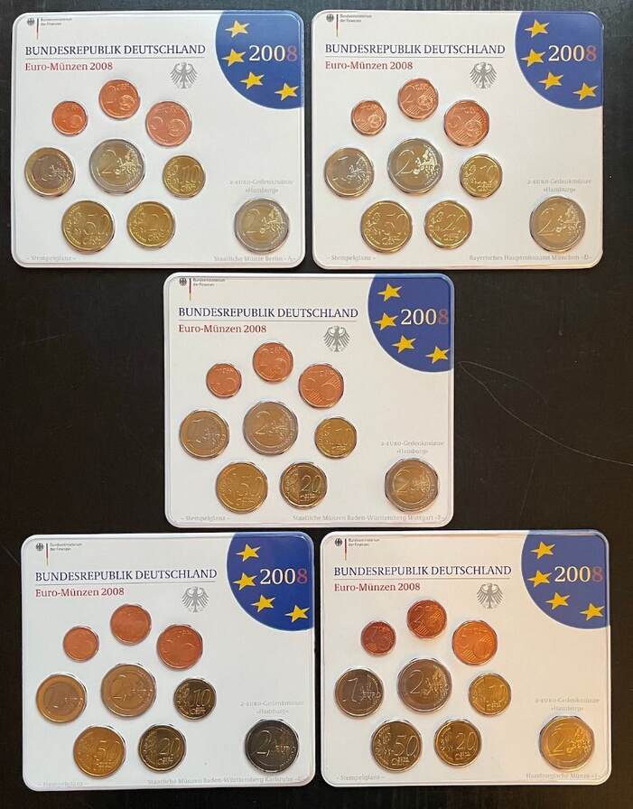 BRD Euro-Währung BRD 5 x KMS 2008 ADFGJ mit 2 Euro Hamburg ...