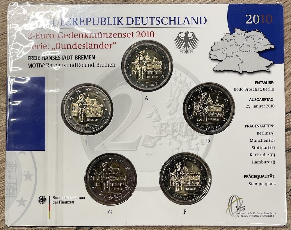 BRD Euro-Währung BRD 5 x 2 EURO 2010 st - ADFGJ - Bremen Roland - OVP ...