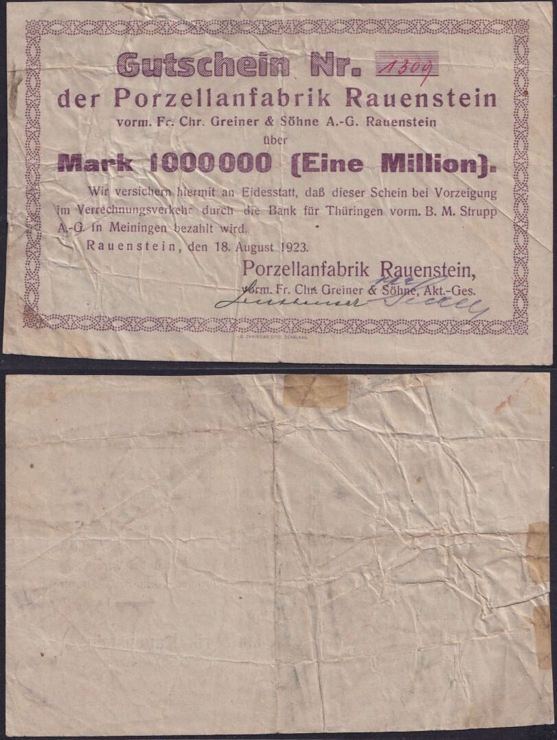 Deutsches Reich 1871-1945 NOTGELD Rauenstein 1 Millionen Mark 18.08. ...