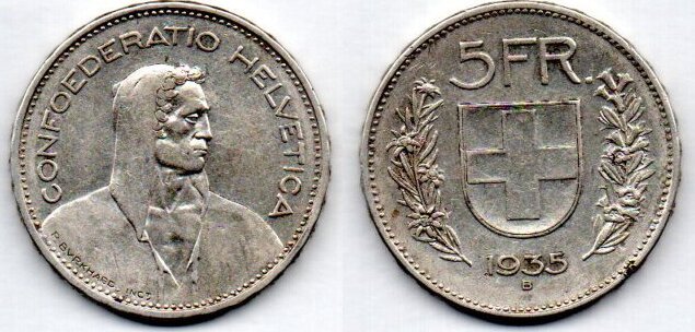 Suisse - Switzerland - Schweiz 5 Francs 1935 B F+ | MA-Shops