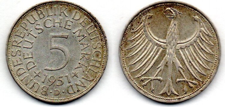 Allemagne - Deutschland - Germany 5 Mark 1951 D VF | MA-Shops