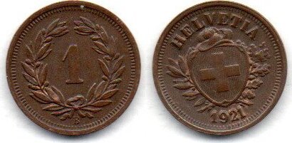 Suisse - Schweiz - Switzerland 1 Rappen 1921 B VF | MA-Shops
