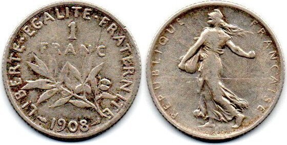 France - Frankreich 1 Franc 1908 F+ | MA-Shops