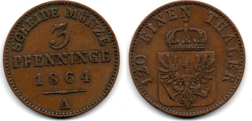 Prusse - Preussen 3 Pfennig 1864 A VF | MA-Shops