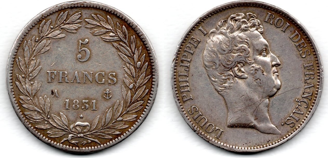 France 5 Francs tranche en relief 1831 A Louis Philippe I VF | MA-Shops