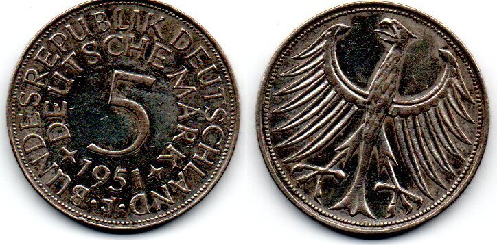 Allemagne - Deutschland - Germany 5 Mark 1951 J ss | MA-Shops