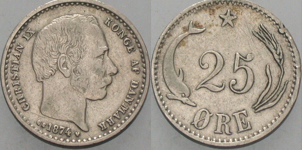Dänemark 25 Ore 1874 Christian IX. 1863-1906. Kl. Rdf., sehr schön ...