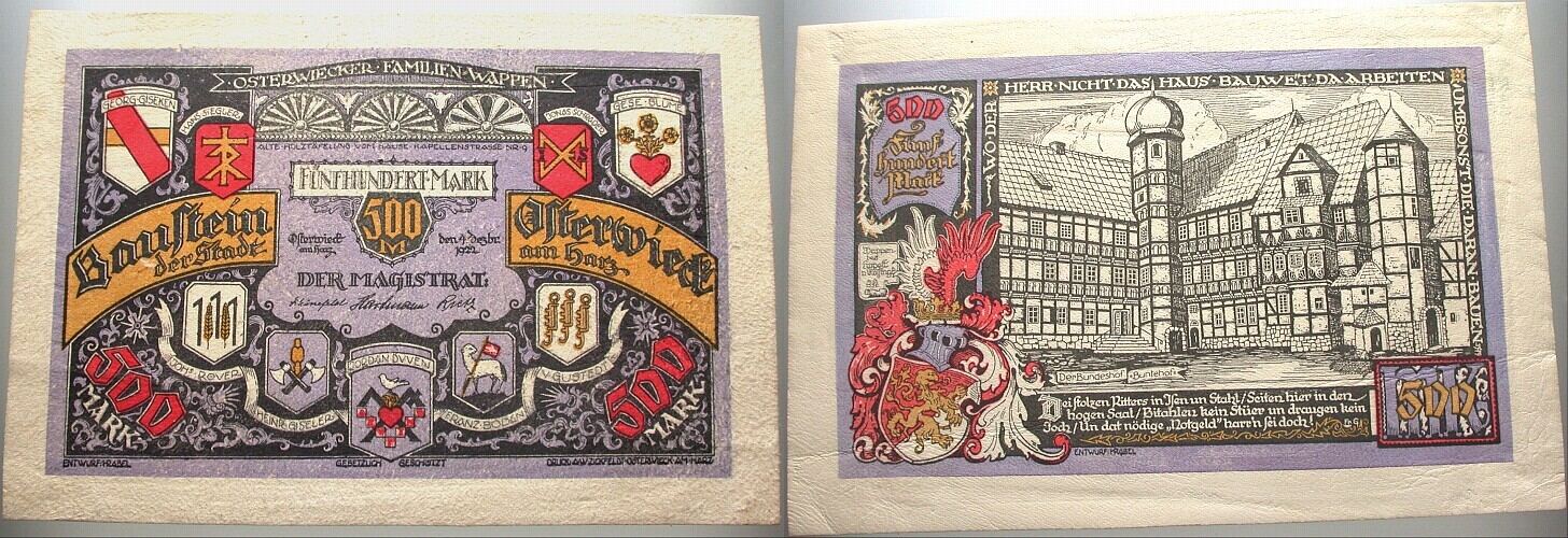 Notgeld der besonderen Art 500 Mark 4.12.1922 Osterwiecker Ledergeld ...