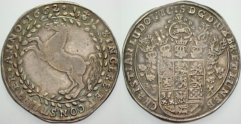 Braunschweig-Lüneburg-Celle Taler 1662 LW Christian Ludwig 1648-1665. Schöne Patina, sehr schön ...