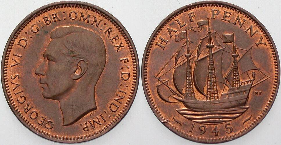 Großbritannien 1/2 Penny 1945 George VI. 1936-1952. Sehr schön ...