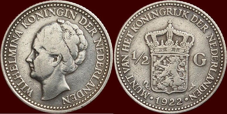 Koninkrijk der Nederlanden ½ Gulden 1922 NEDERLAND (NETHERLANDS, KINGDOM) - WILHELMINA, 1890 ...