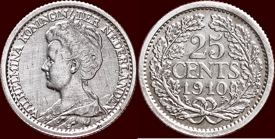 Koninkrijk der Nederlanden 25 Cents 1910 NEDERLAND (NETHERLANDS, KINGDOM) - WILHELMINA, 1890 ...