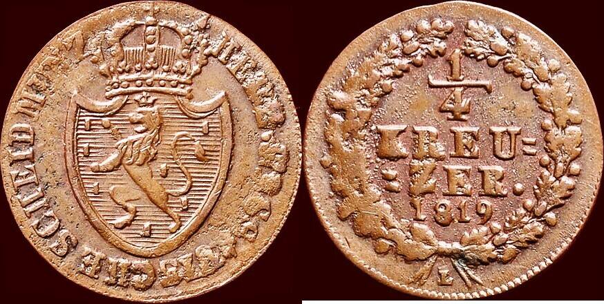 GERMANY - NASSAU, HERZOGTUM - WILHELM, 1816-1839 - ¼ Kreuzer 1819 L ...