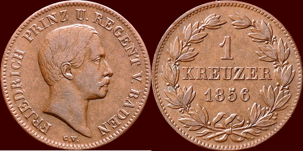 1 Kreuzer GERMANY - BADEN, GROSHERTOGTUM - FRIEDRICH I, 1852-1907 - 1856, Karlsruhe ss / vz à vz ...