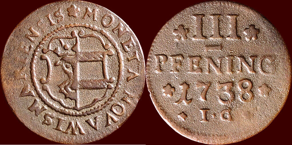 3 Pfenning 1738 IG GERMANY - MECKLENBURG - WISMAR, STADT - ss | MA-Shops