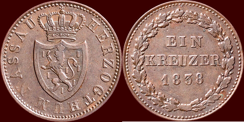 1 Kreuzer GERMANY - NASSAU, HERZOGTUM - WILHELM, 1816-1839 - 1838 ...