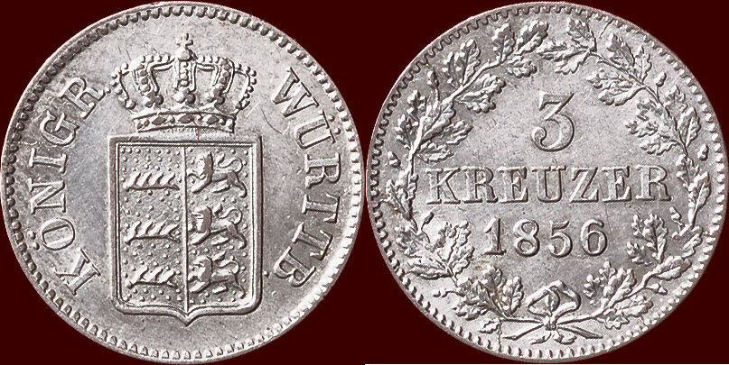 3 Kreuzer GERMANY - WÜRTEMBERG, KÖNIGREICH - WILHELM I, 1816-1864 ...