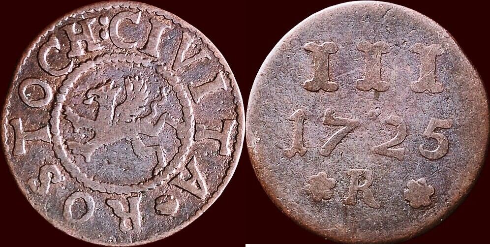 3 Pfenning 1725 R GERMANY - MECKLENBURG - ROSTOCK, STADT - f / ss à f+ ...