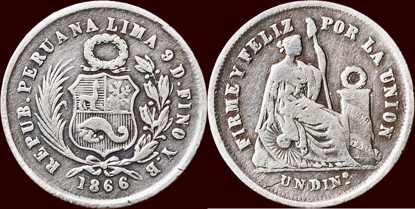 PERU - REPUBLIC - 1 Dinero 1866 Y.B, Lima 1866 Y PERU - REPUBLIC - 1 ...
