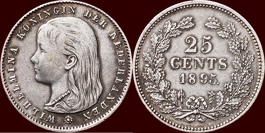 Koninkrijk der Nederlanden 25 Cents 1895 NEDERLAND (NETHERLANDS, KINGDOM) - WILHELMINA, 1890 ...