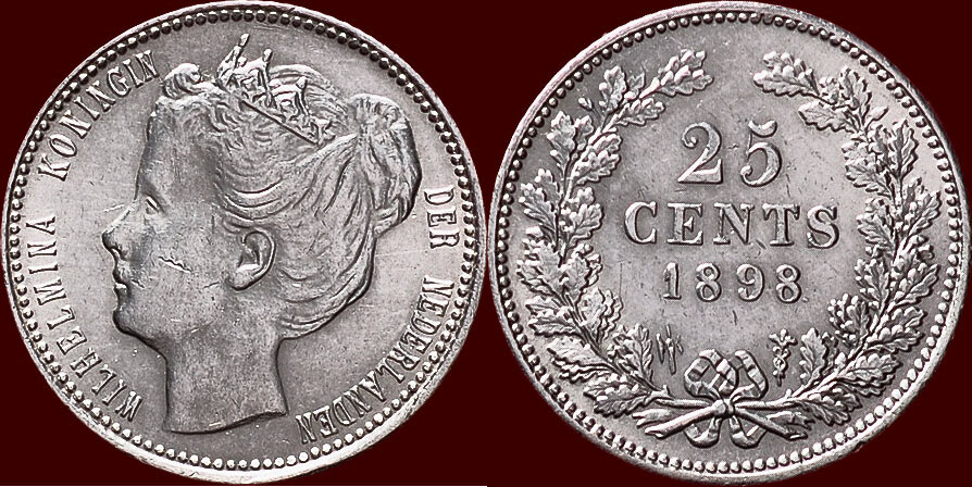 Koninkrijk der Nederlanden 25 Cents 1898 NEDERLAND (NETHERLANDS, KINGDOM) - WILHELMINA, 1890 ...