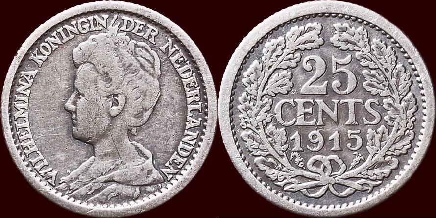 Koninkrijk der Nederlanden 25 Cents 1915 NEDERLAND (NETHERLANDS, KINGDOM) - WILHELMINA, 1890 ...