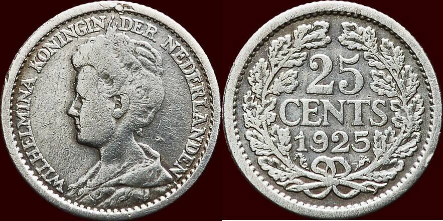 Koninkrijk der Nederlanden 25 Cents 1925 NEDERLAND (NETHERLANDS, KINGDOM) - WILHELMINA, 1890 ...