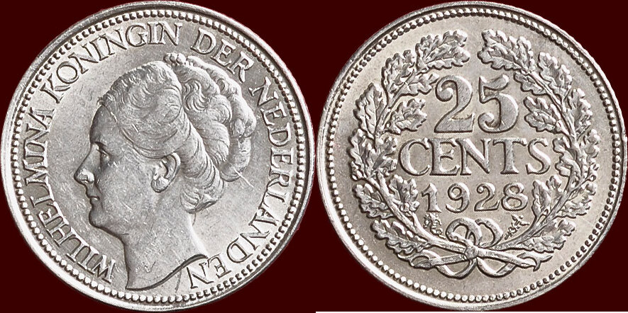 Koninkrijk der Nederlanden 25 Cents 1928 NEDERLAND (NETHERLANDS, KINGDOM) - WILHELMINA, 1890 ...