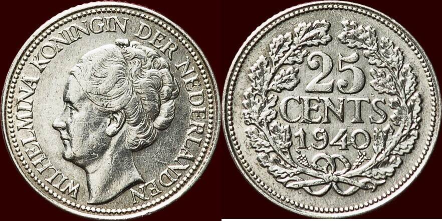 Koninkrijk der Nederlanden 25 Cents 1940 NEDERLAND (NETHERLANDS, KINGDOM) - WILHELMINA, 1890 ...