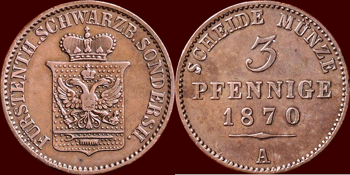 3 Pfennige 1870 A GERMANY - SCHWARZBURG-SONDERSHAUSEN - GÜNTHER ...