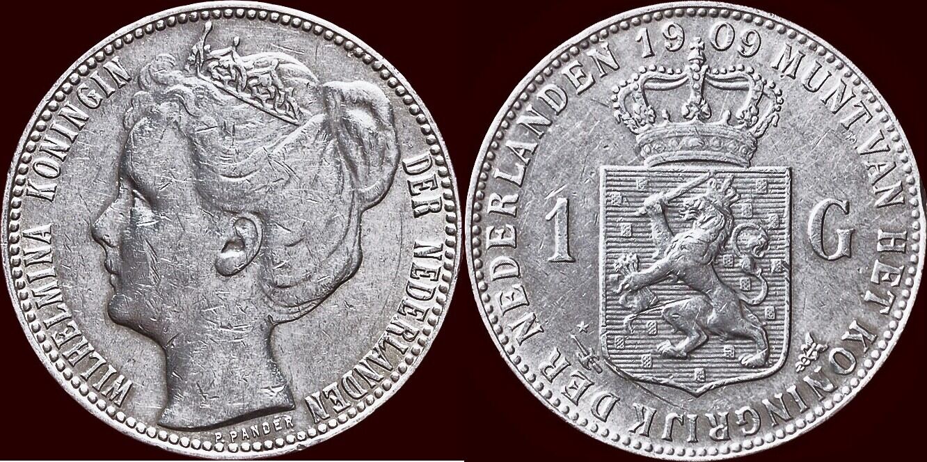 Koninkrijk der Nederlanden 1 Gulden 1909 NEDERLAND (NETHERLANDS, KINGDOM) - WILHELMINA, 1890 ...