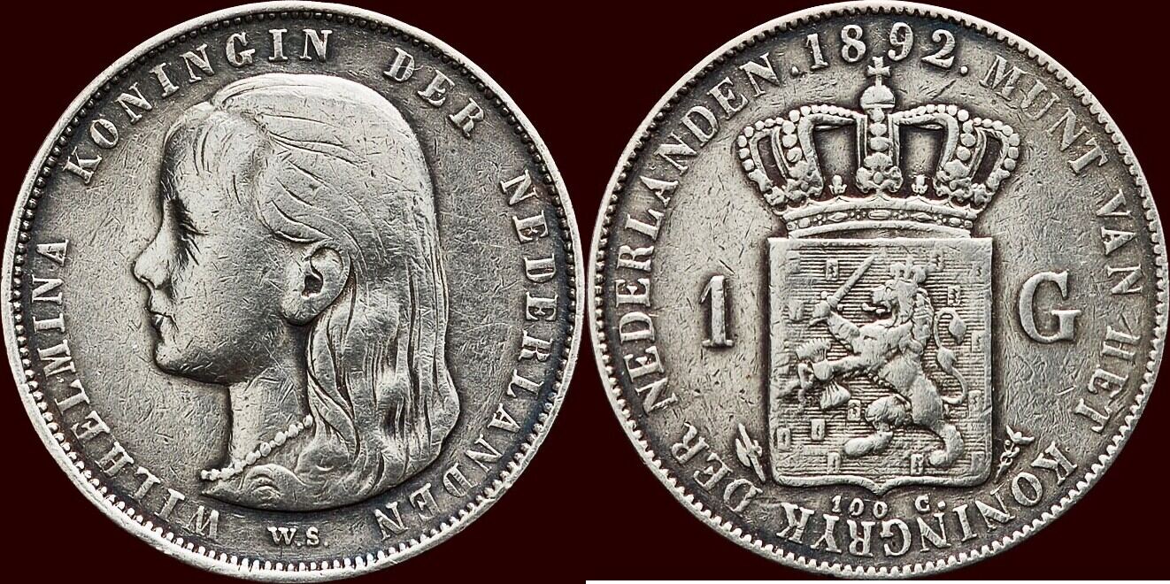 Koninkrijk der Nederlanden 1 Gulden 1892 NEDERLAND (NETHERLANDS, KINGDOM) - WILHELMINA, 1890 ...