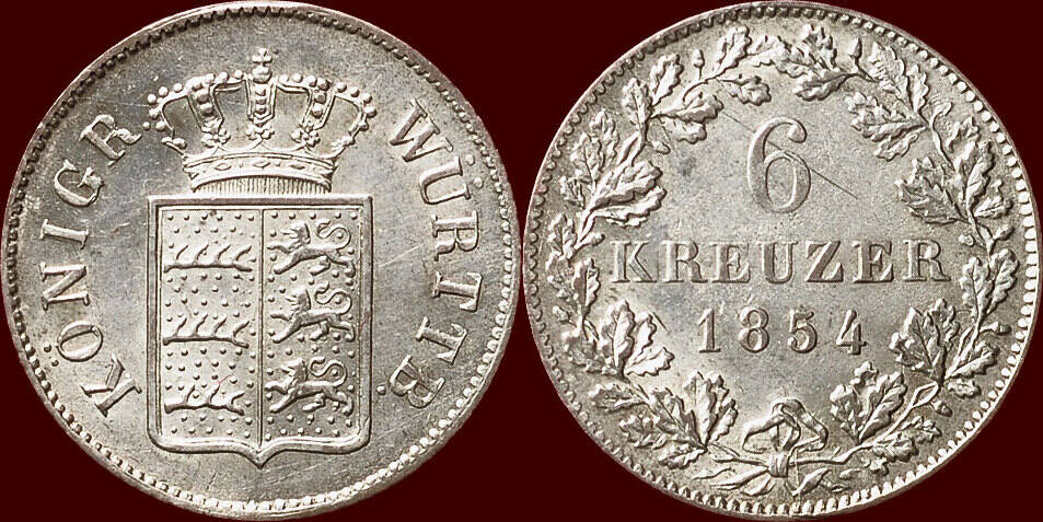 6 Kreuzer GERMANY - WÜRTEMBERG, KÖNIGREICH - WILHELM I, 1816-1864 ...