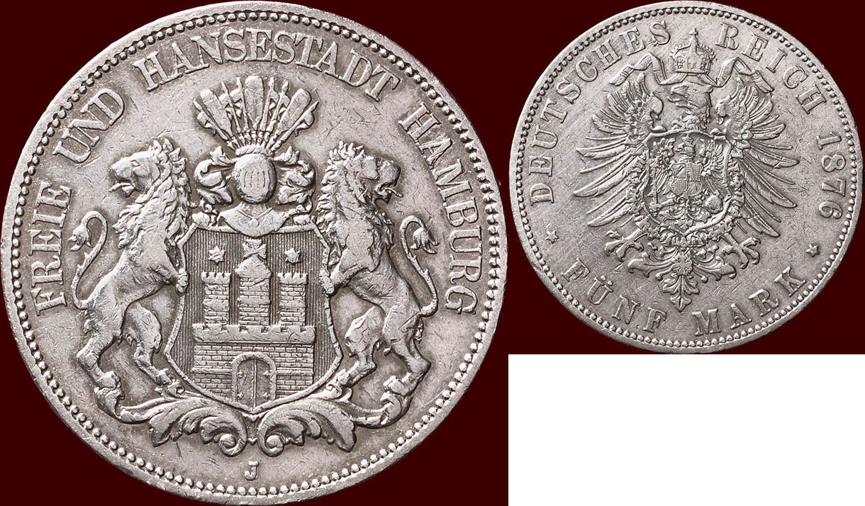 5 Mark 1876 J GERMANY - HAMBURG, FREIE HANSESTADT - WILHELM I, 1861 ...