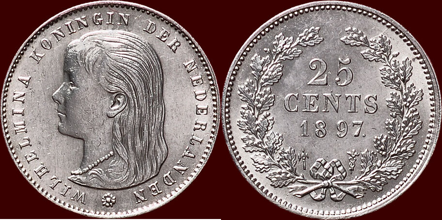 Koninkrijk der Nederlanden 25 Cents 1897 NEDERLAND (NETHERLANDS, KINGDOM) - WILHELMINA, 1890 ...