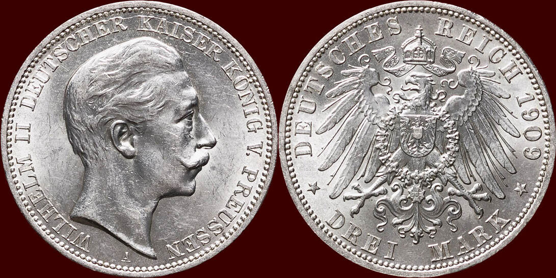 3 Mark GERMANY - PREUSSEN, KÖNIGREICH - WILHELM II, 1888-1918 - 1909 A ...