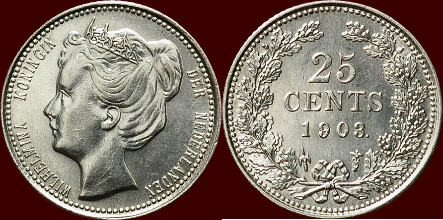 Koninkrijk der Nederlanden 25 Cents 1903 NEDERLAND (NETHERLANDS, KINGDOM) - WILHELMINA, 1890 ...