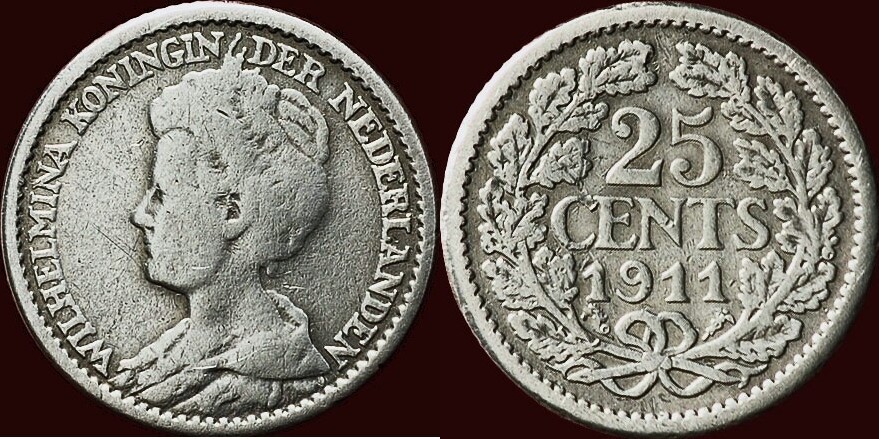 Koninkrijk der Nederlanden 25 Cents 1911 NEDERLAND (NETHERLANDS, KINGDOM) - WILHELMINA, 1890 ...