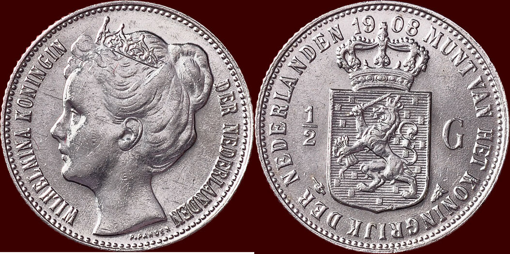 Koninkrijk der Nederlanden 1908 NEDERLAND (NETHERLANDS, KINGDOM) - WILHELMINA, 1890-1948 - ½ ...