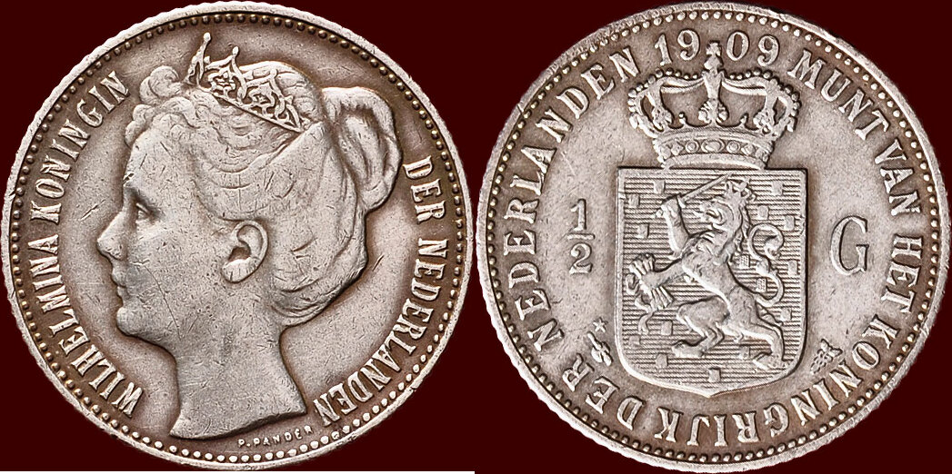 Koninkrijk der Nederlanden 1909 NEDERLAND (NETHERLANDS, KINGDOM) - WILHELMINA, 1890-1948 - ½ ...