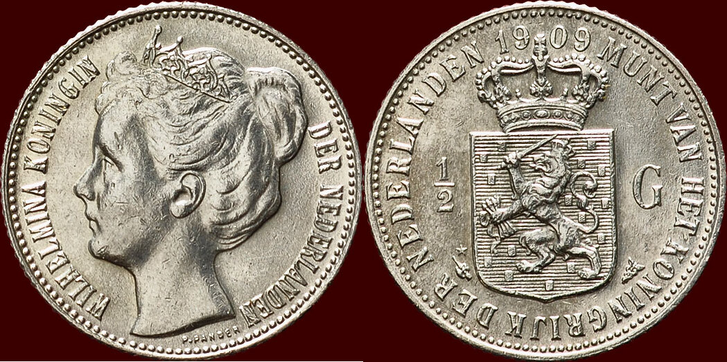 Koninkrijk der Nederlanden 1909 NEDERLAND (NETHERLANDS, KINGDOM) - WILHELMINA, 1890-1948 - ½ ...