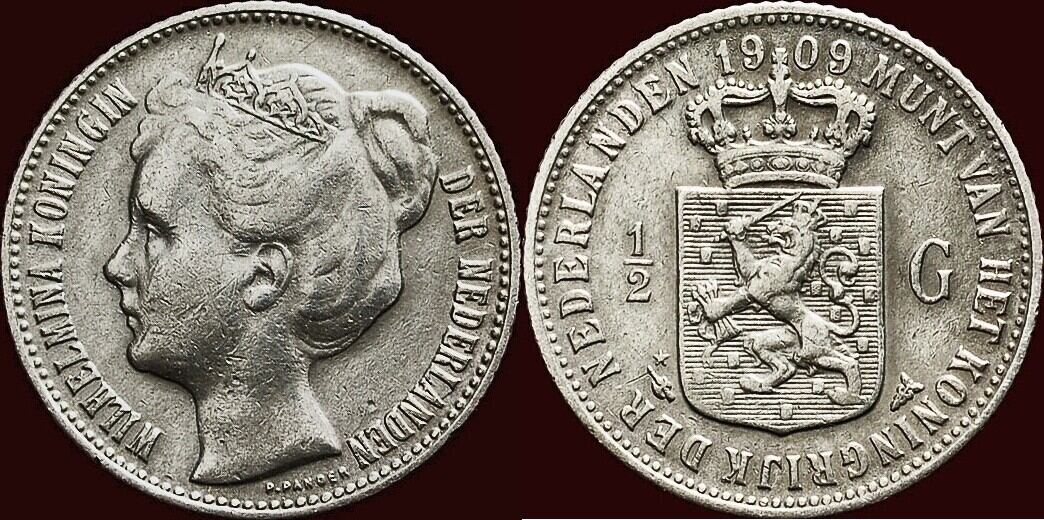 Koninkrijk der Nederlanden ½ Gulden 1909 NEDERLAND (NETHERLANDS, KINGDOM) - WILHELMINA, 1890 ...