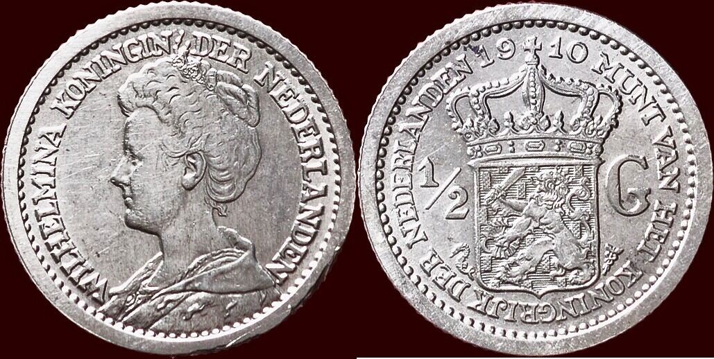 Koninkrijk der Nederlanden 1910 NEDERLAND (NETHERLANDS, KINGDOM) - WILHELMINA, 1890-1948 - ½ ...