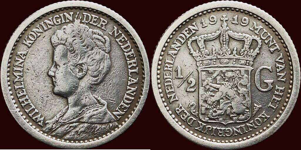 Koninkrijk der Nederlanden 1919 NEDERLAND (NETHERLANDS, KINGDOM) - WILHELMINA, 1890-1948 - ½ ...