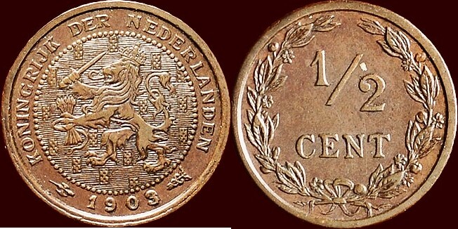 Koninkrijk der Nederlanden 1903 NEDERLAND (NETHERLANDS, KINGDOM) - WILHELMINA, 1890-1948 - ½ ...