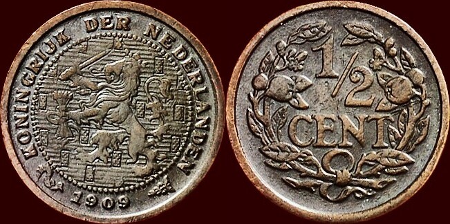 Koninkrijk der Nederlanden 1909 NEDERLAND (NETHERLANDS, KINGDOM) - WILHELMINA, 1890-1948 - ½ ...