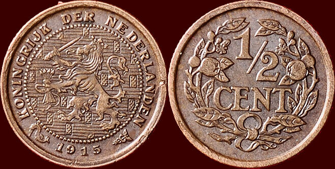 Koninkrijk der Nederlanden ½ Cent 1915 NEDERLAND (NETHERLANDS, KINGDOM) - WILHELMINA, 1890-1948 ...